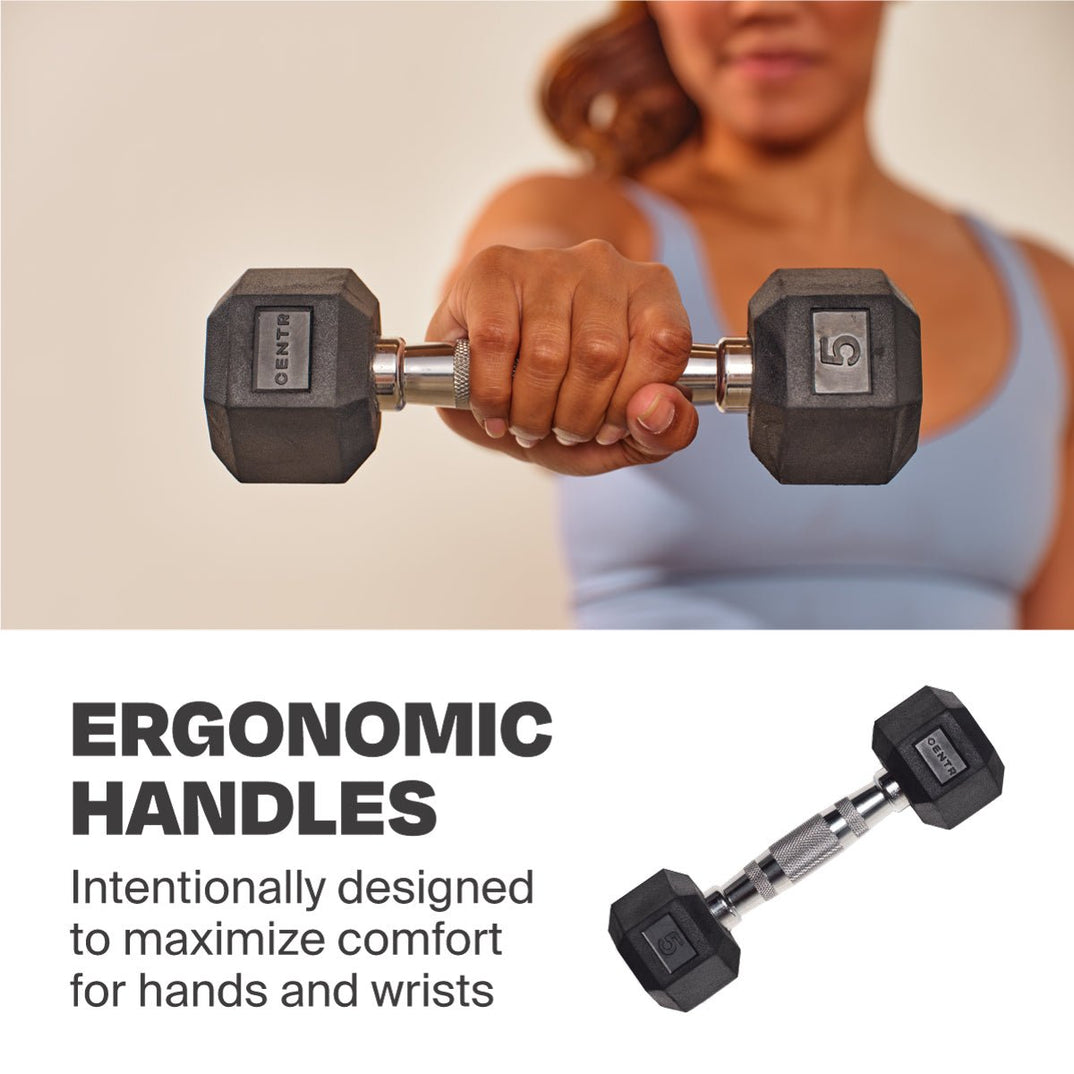 5–25 lb Dumbbell Set with Rack – Rubber Hex Weights | Centr